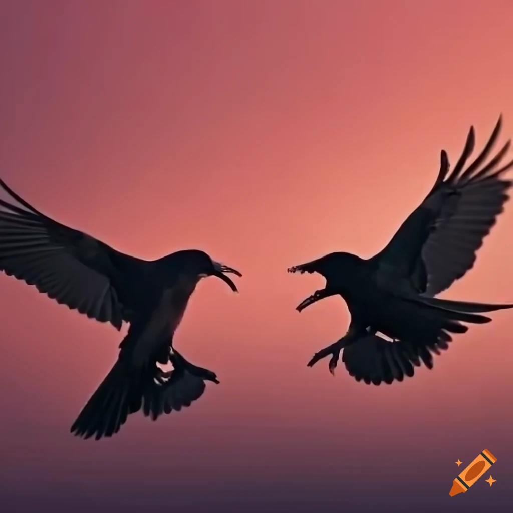 Two crows fighting in orange and pink skies on Craiyon