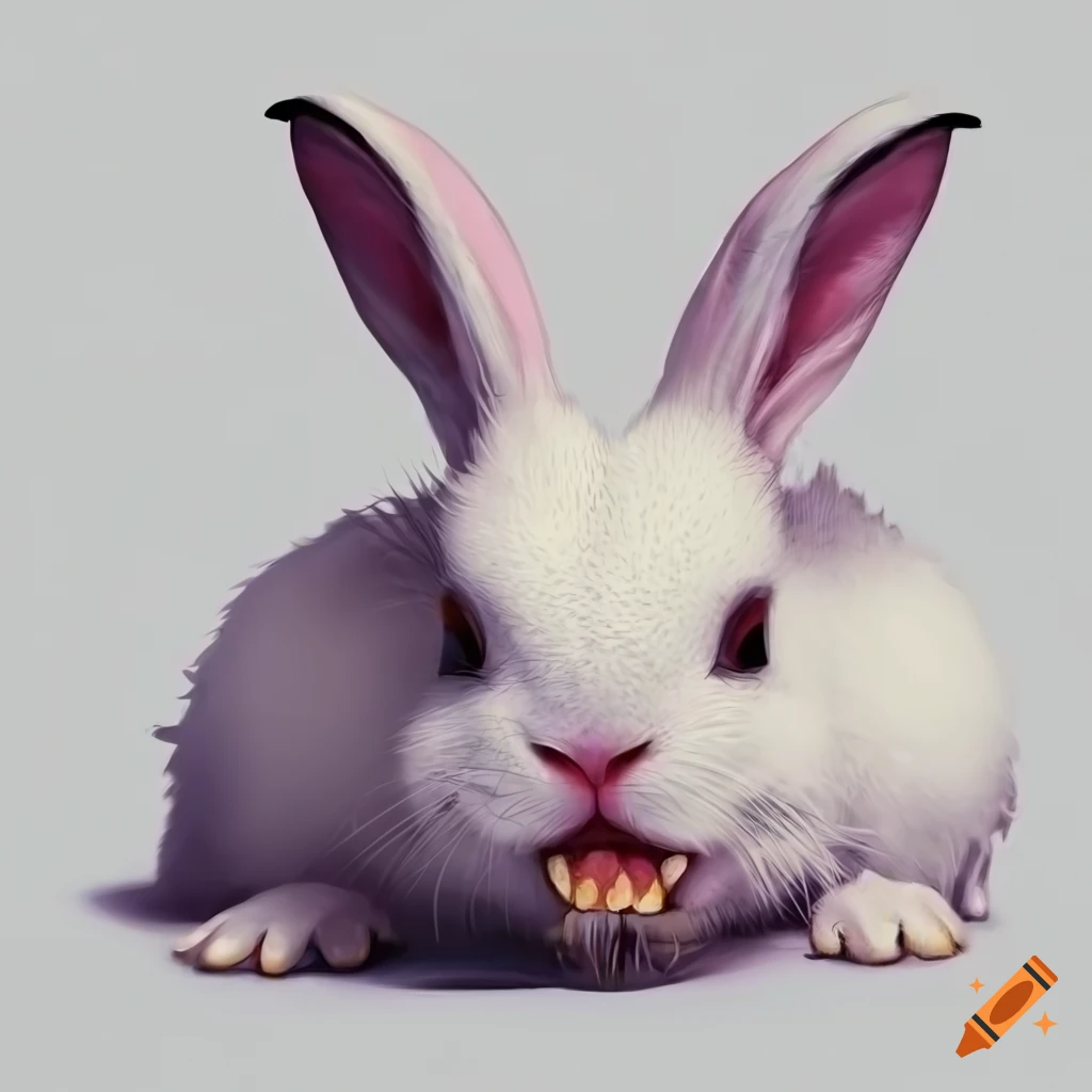 Adorable white monster rabbit with symmetrical anatomy and green leaves ...