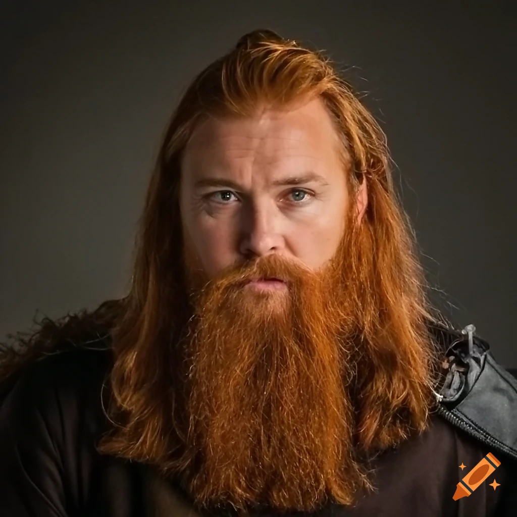 Serious-looking Viking with long orange hair and beard on Craiyon