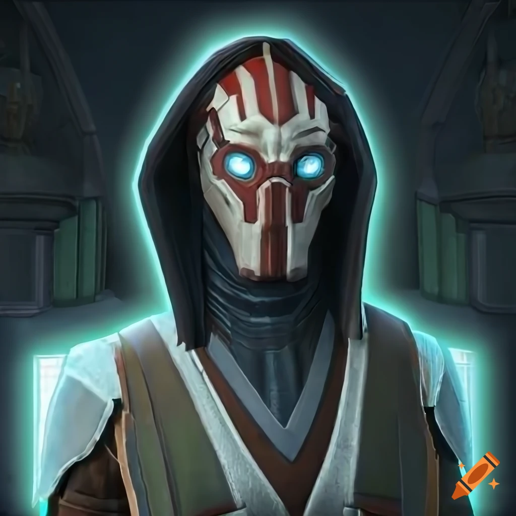 Legendary jedi knight in golden-trimmed armor standing in ancient ruins ...