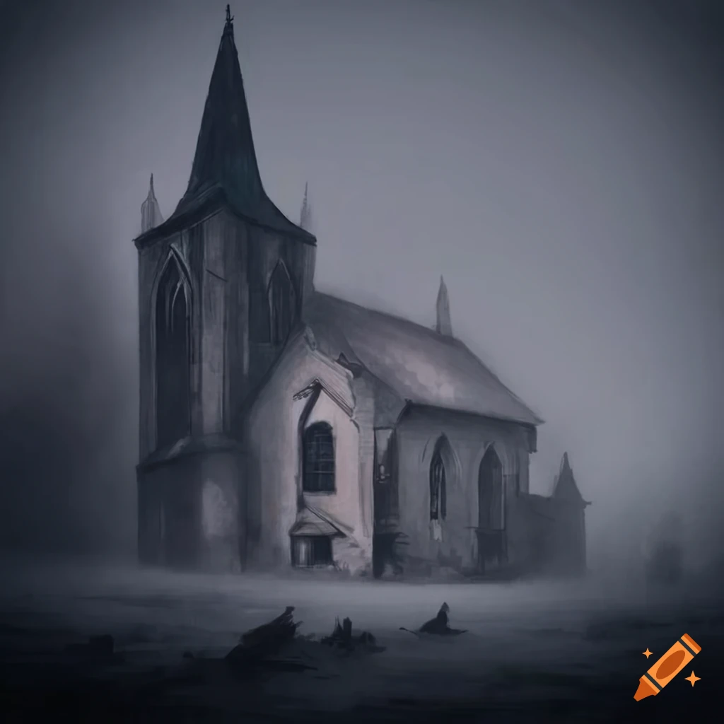 Drawing of an abandoned church in a foggy 1930s village on Craiyon