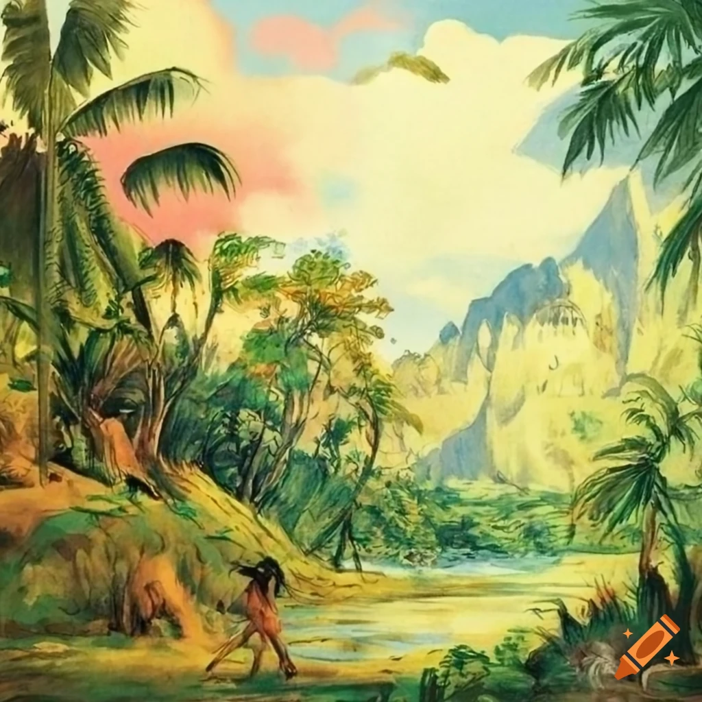 Paysage of the ecuadorian jungle in 1930, drawing on Craiyon