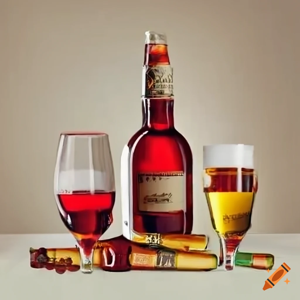 Various alcoholic beverages advertisement with text on Craiyon