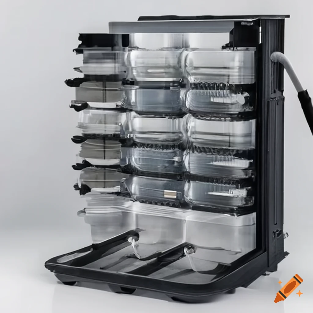 Automated fish feeding system with 5 vertically stacked trays on Craiyon
