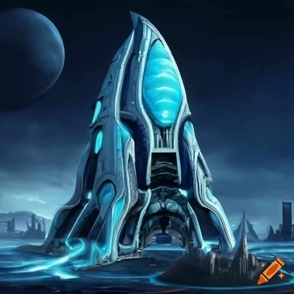 Protoss biomechanical architecture in a modern lunar building on Craiyon