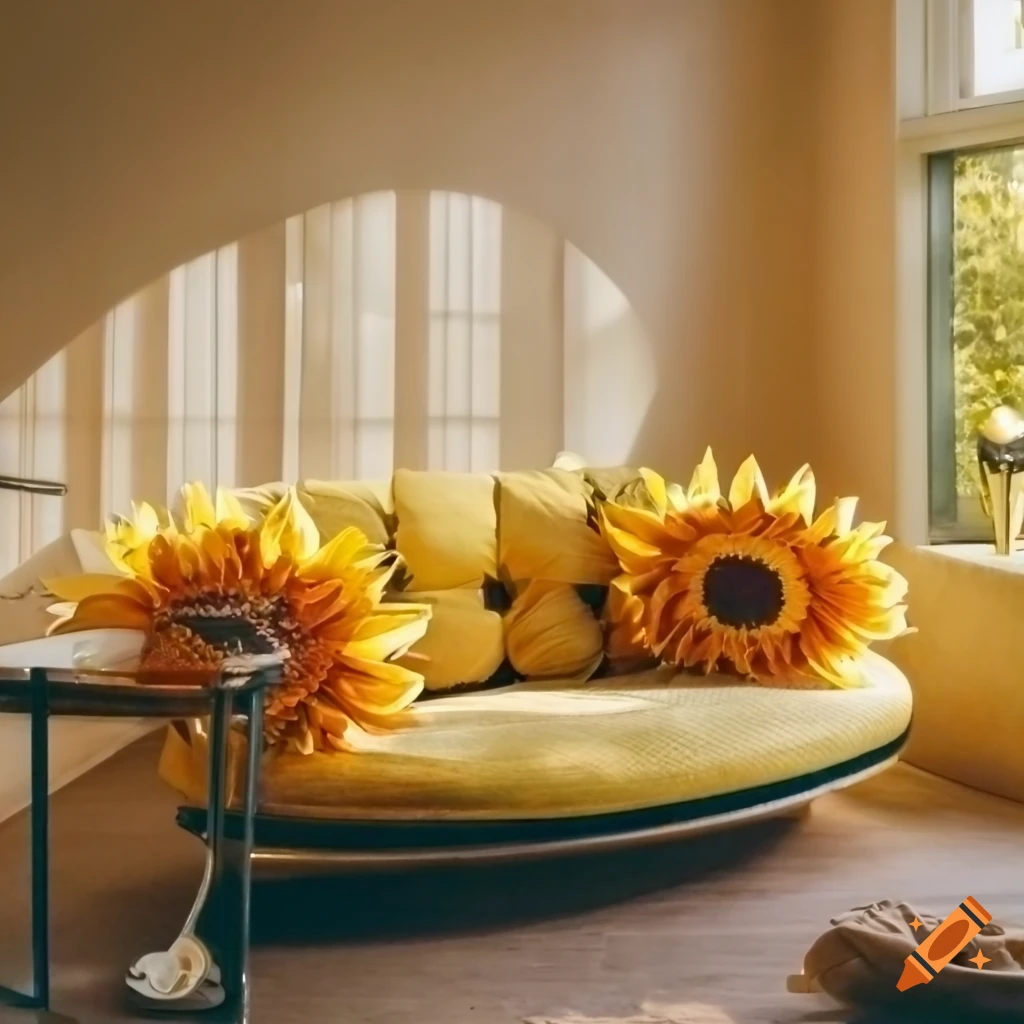 Sunflower-shaped sofa in warm sunset lighting on Craiyon