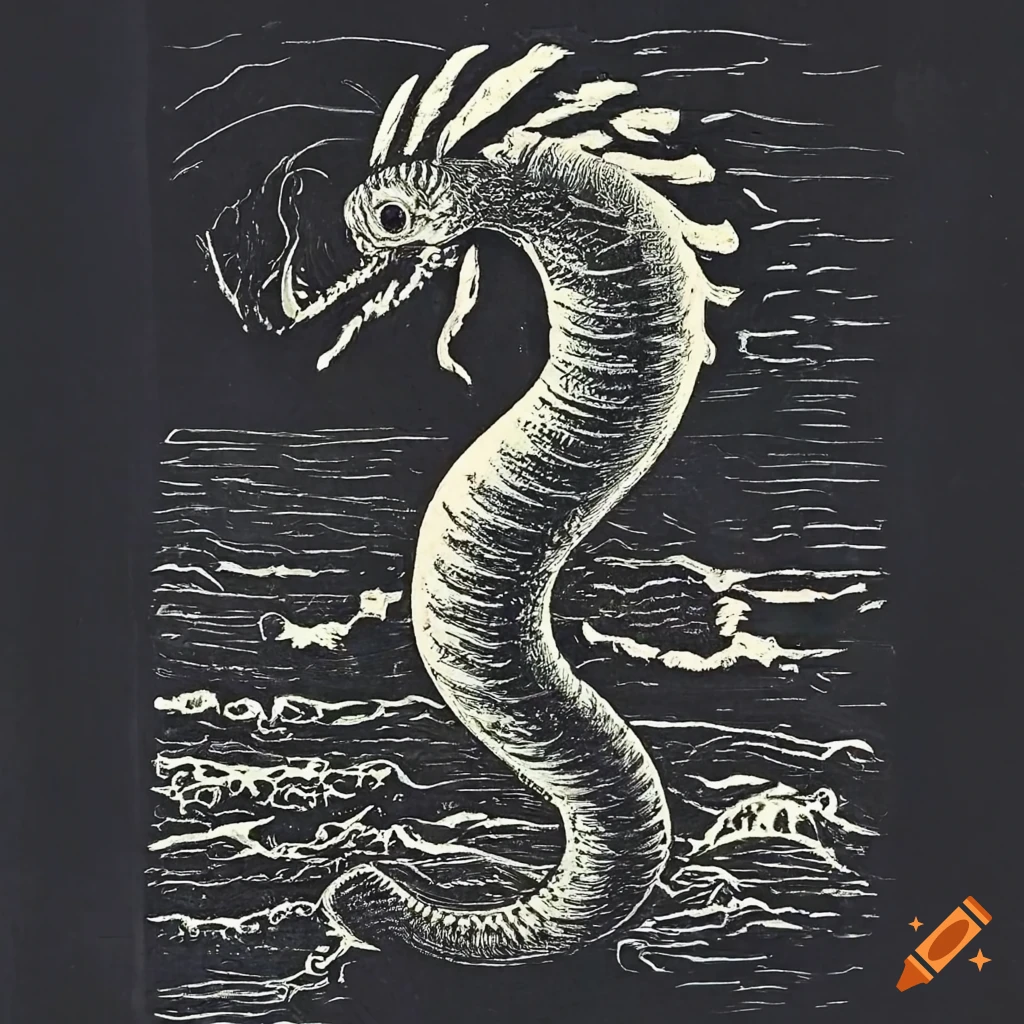 Sea serpent emerging from the ocean in a woodcut art style on Craiyon