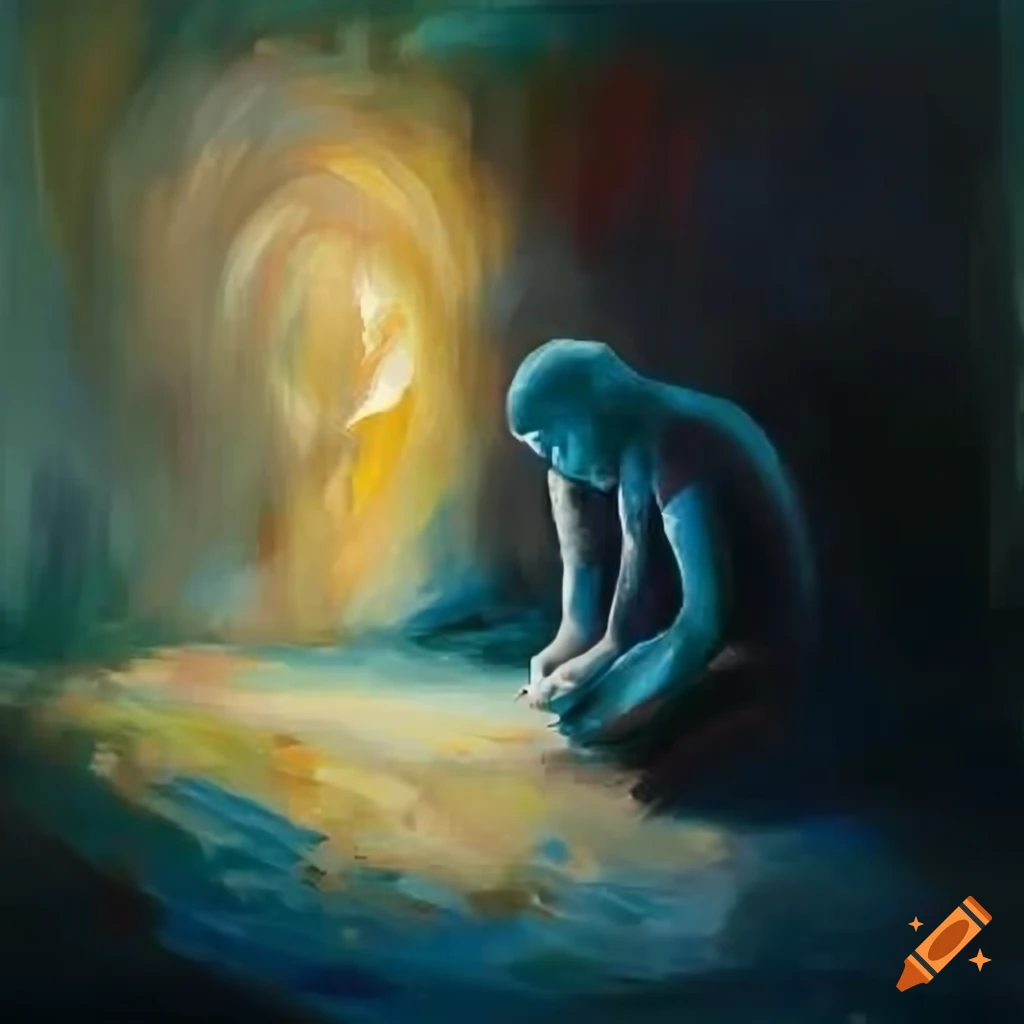 Artwork of a young man grieving at his father's grave with sad colors ...