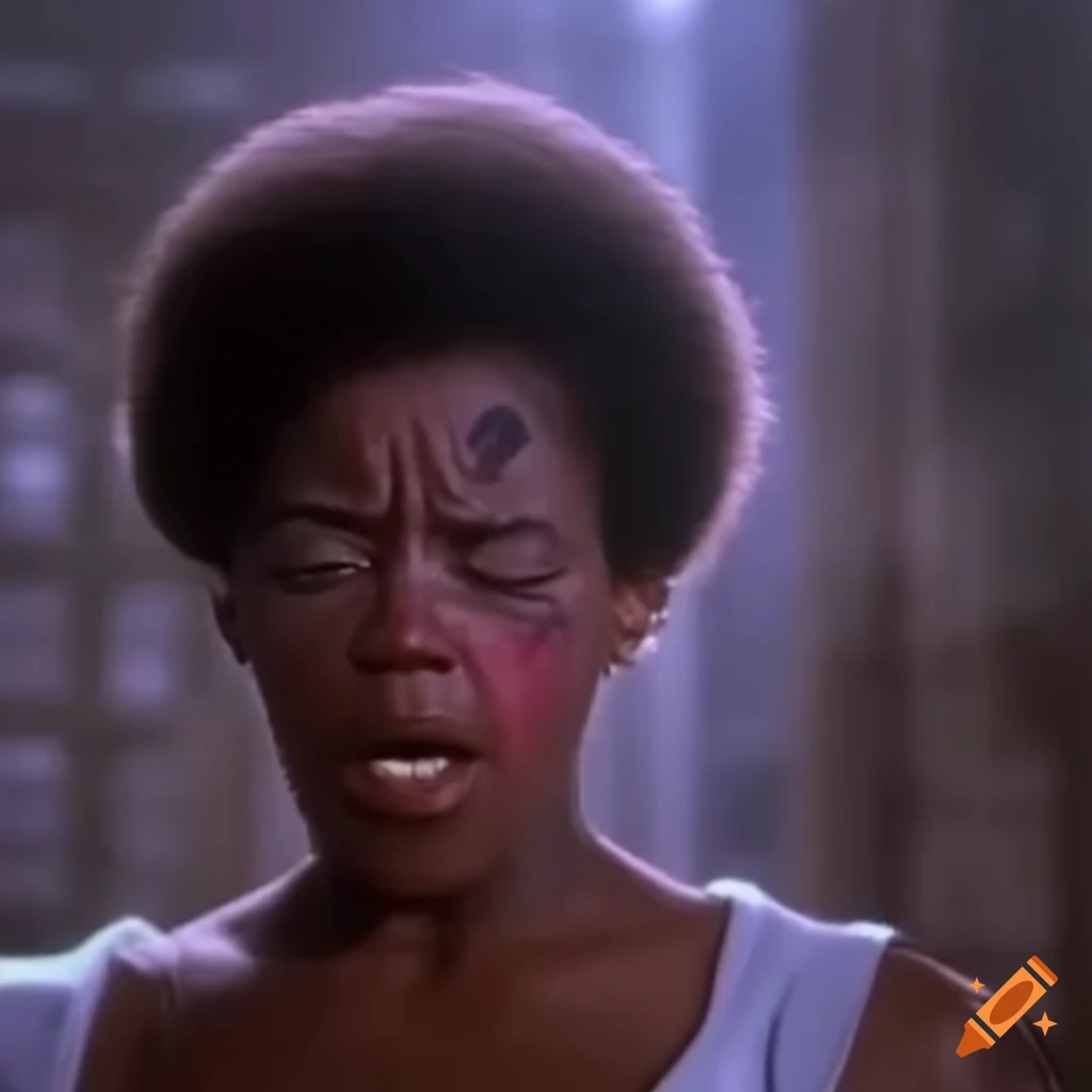 Black woman martial fighter with a wobbling dizzy expression in 80s ...
