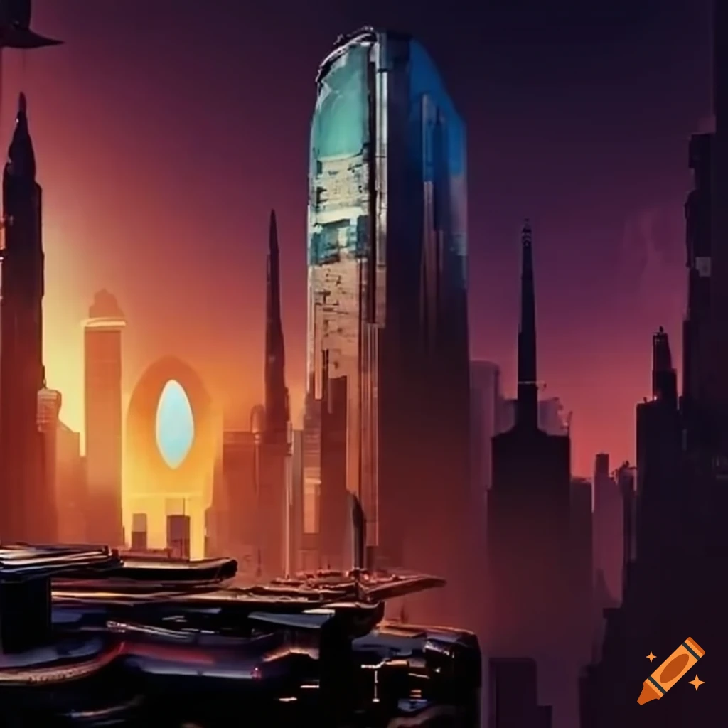 Time machine at dawn in a futuristic city on Craiyon