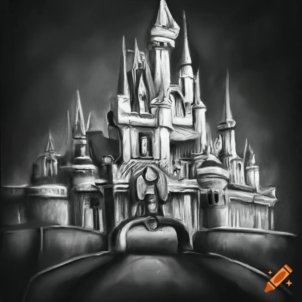 Black and white charcoal drawing of disneyland on Craiyon