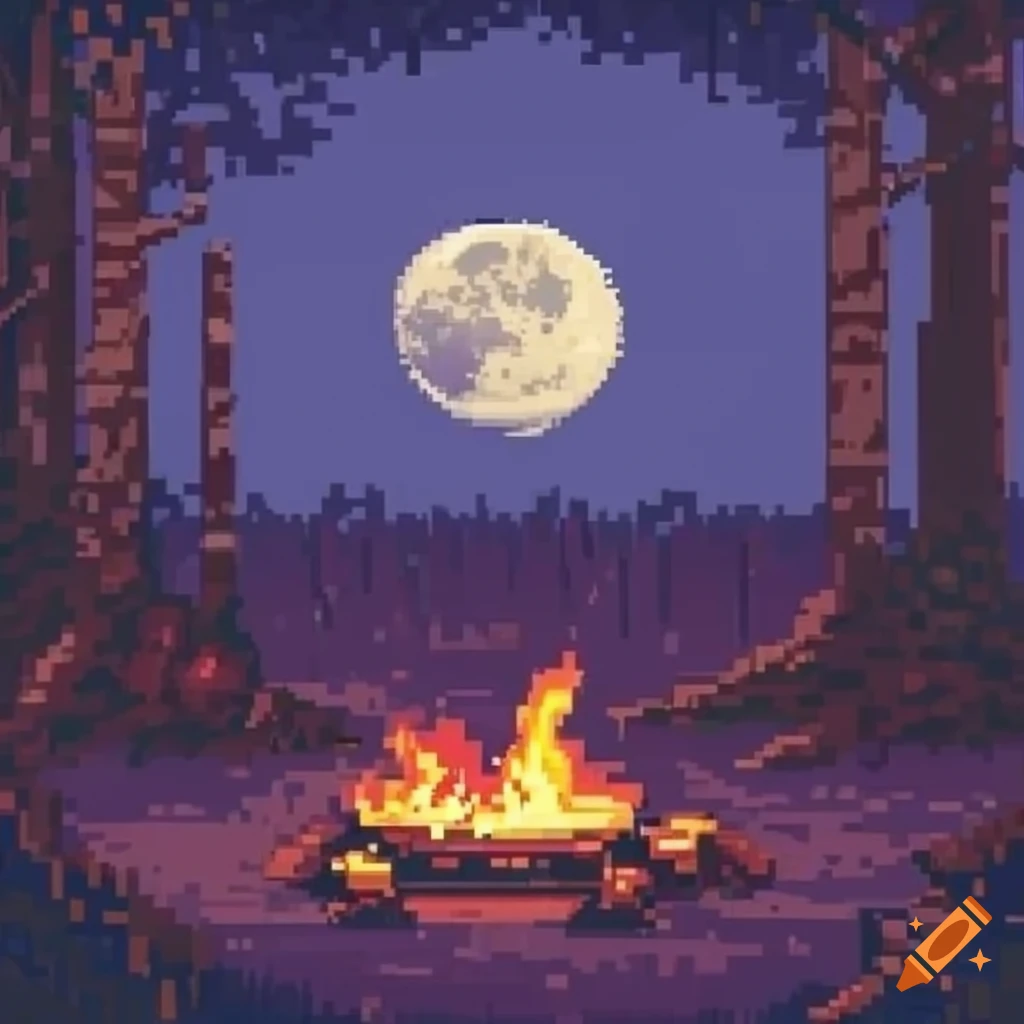 Pixel art retro RPG forest campfire under a full moon on Craiyon