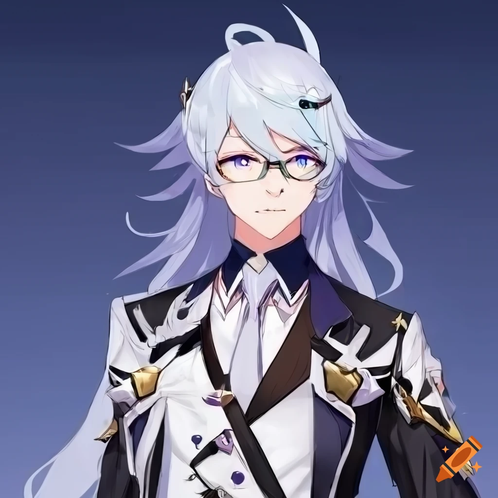 Male oc with long white hair and blue eyes wearing rectangular glasses ...