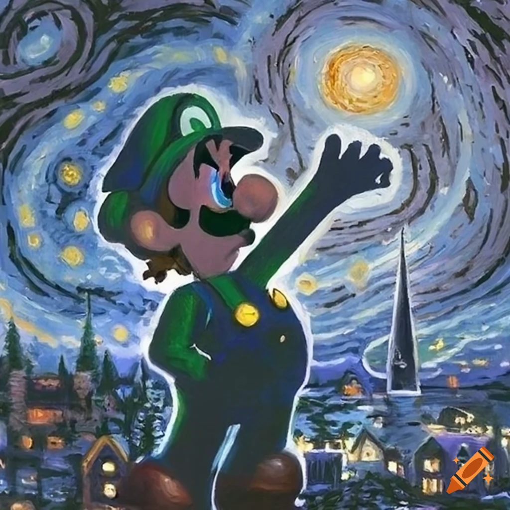 Silhouette Of Luigi In A Starry Night By Thomas Kinkade On Craiyon
