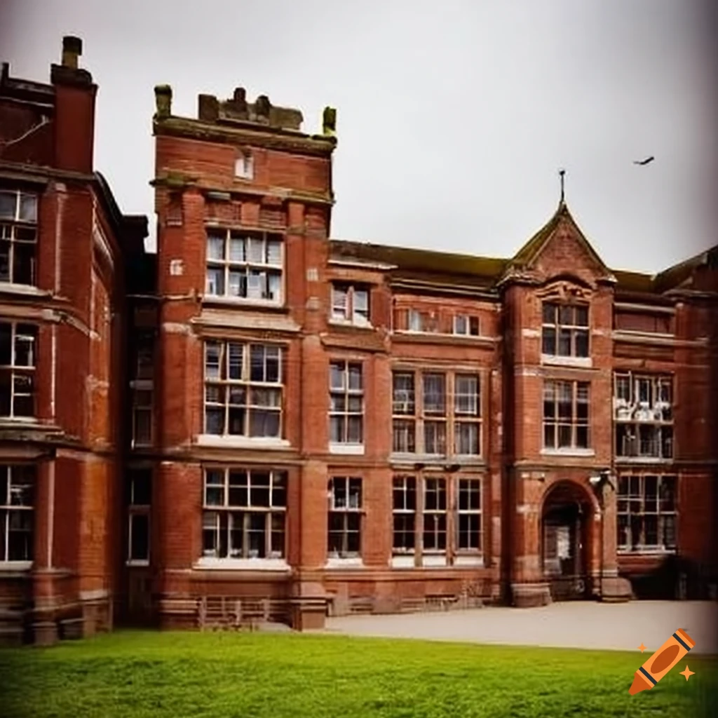 Exterior view of a large school building on Craiyon