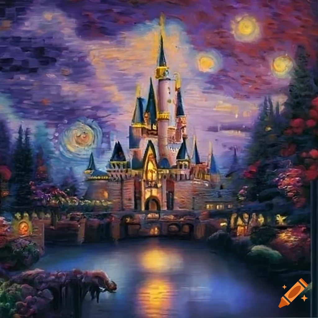 Disney castle in a starry night by thomas kinkade on Craiyon