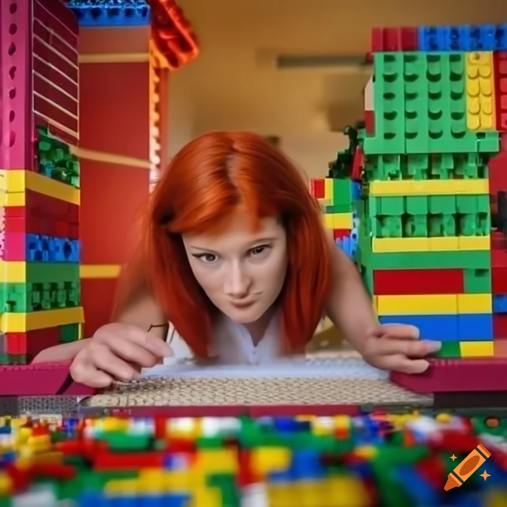 Red-haired lady building a colorful house with lego blocks on Craiyon