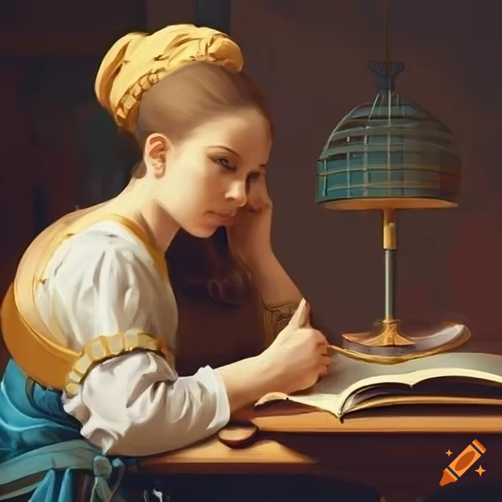 Beautiful woman studying quantum mechanics in a vermeer-style library ...