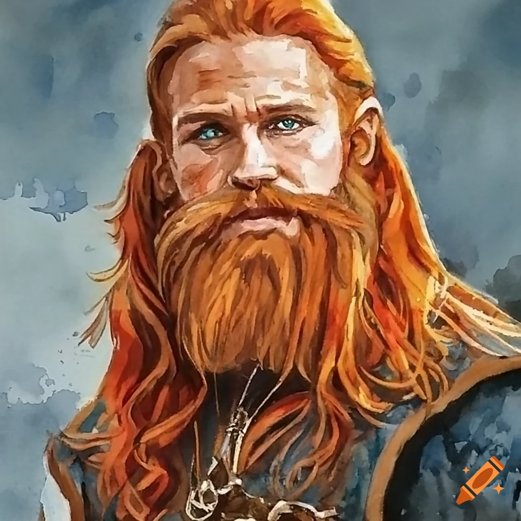 Serious viking with long orange hair and beard in watercolor on Craiyon