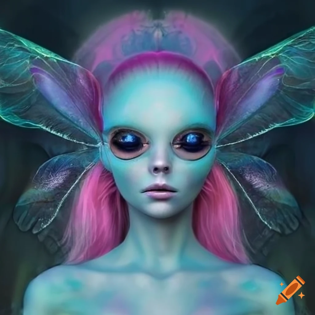 Enchanting fairy alien with iridescent wings, blue skin, and pink hair ...