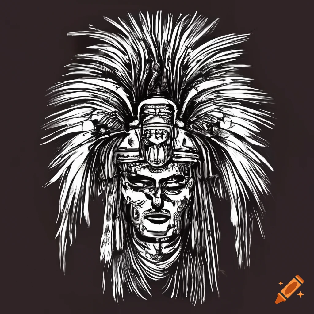 Black and white portrait of an aztec warrior with horns on Craiyon