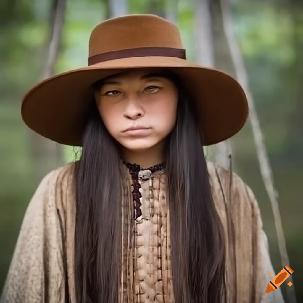 Person with long hair and wide-brimmed hat in appalachia clothing on ...