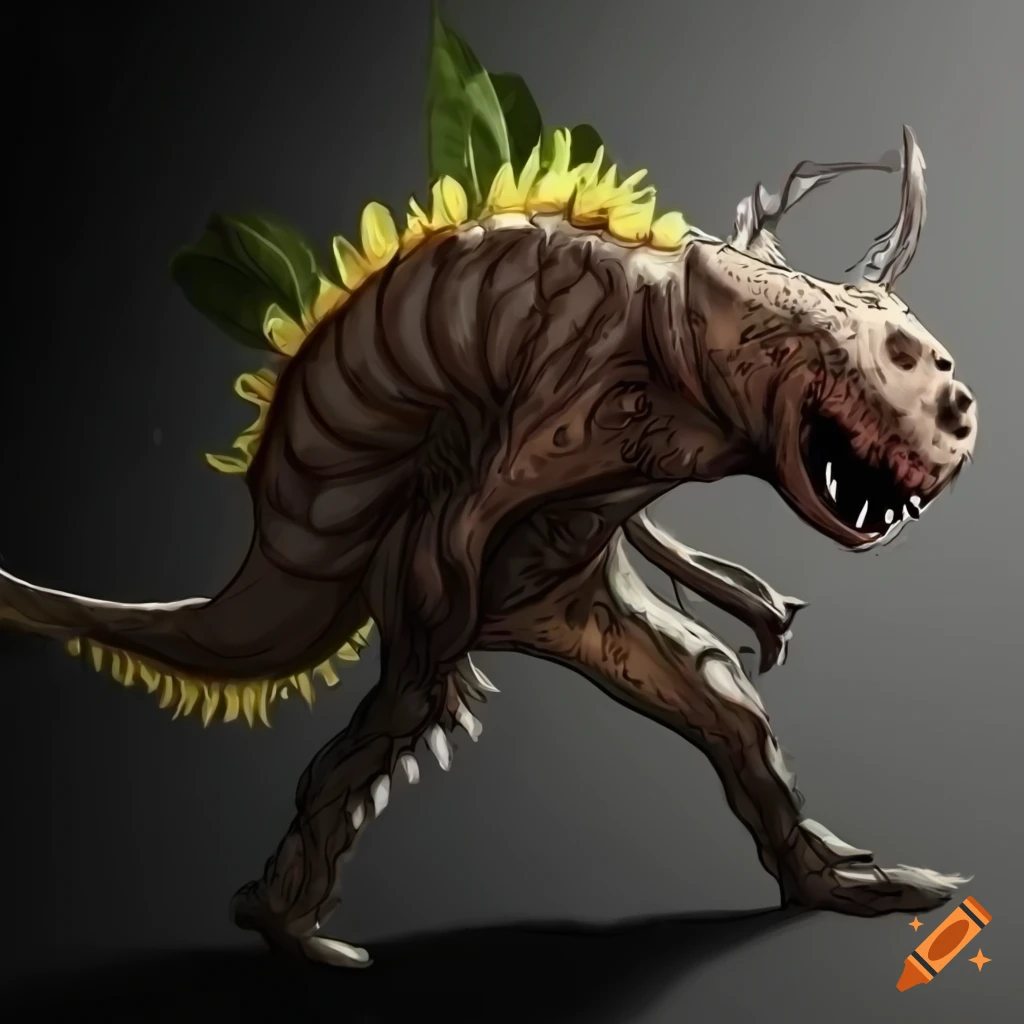 Adorable dancing monster with sunflower head and scaly skin in warm ...