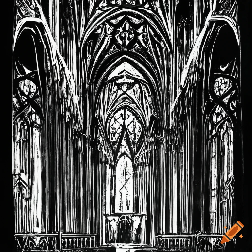 Black and white linocut print of a gothic cathedral interior on Craiyon