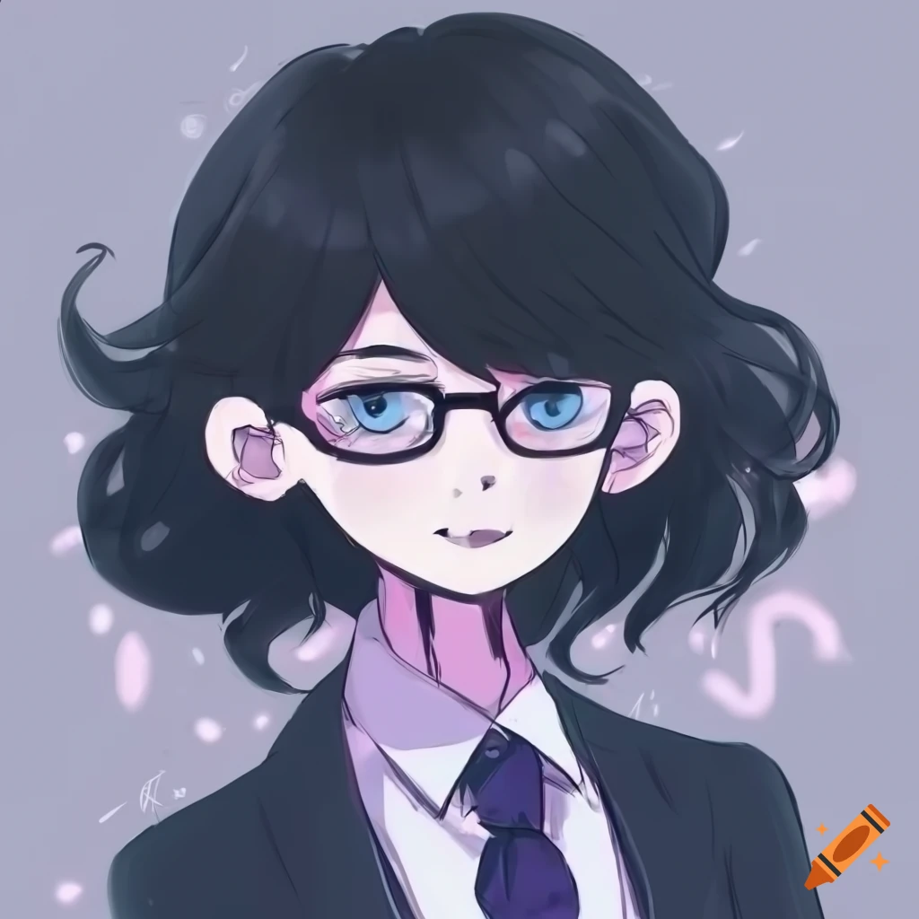 Omori style male with black wavy long hair and glasses in a black coat ...