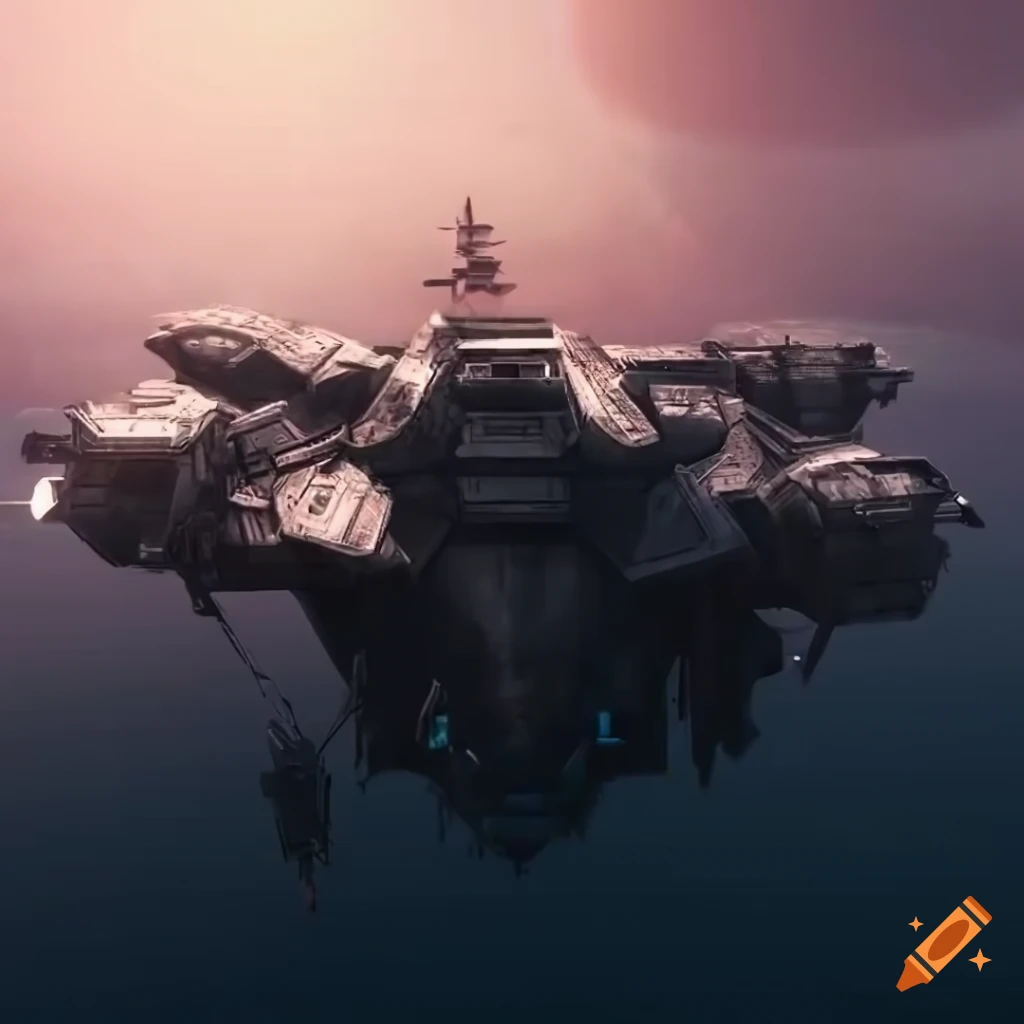 Large dropship transporting a mechanized chasis across a city in a ...