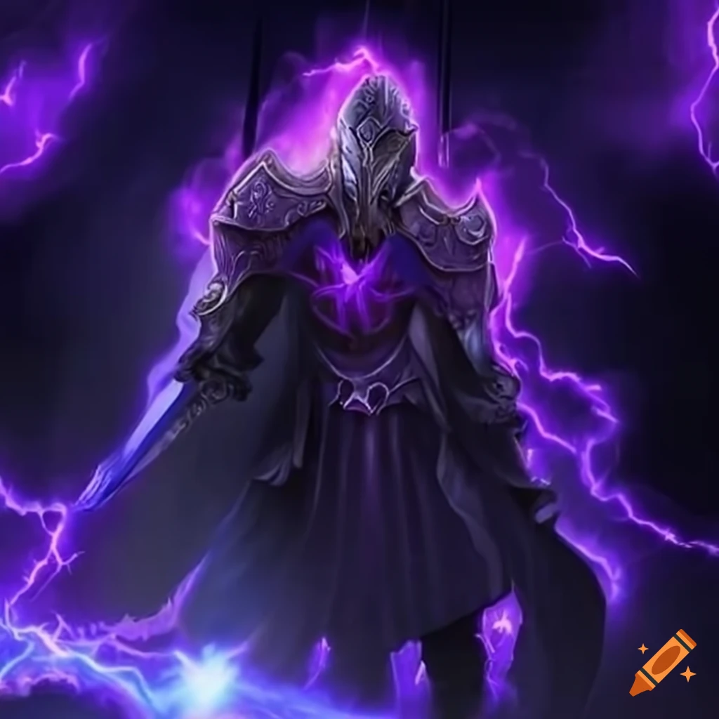 Mythical knight wielding an animated sword with purple lightning on Craiyon