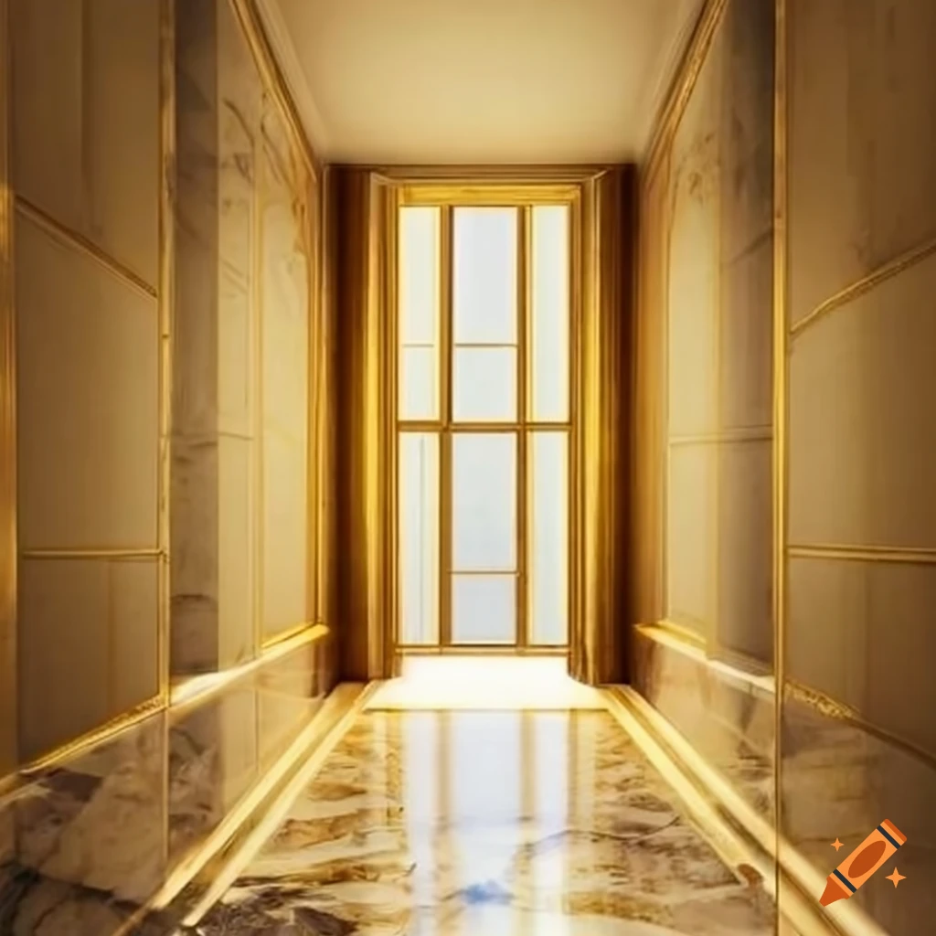 Gorgeous hallway with golden windows and sunrays on Craiyon