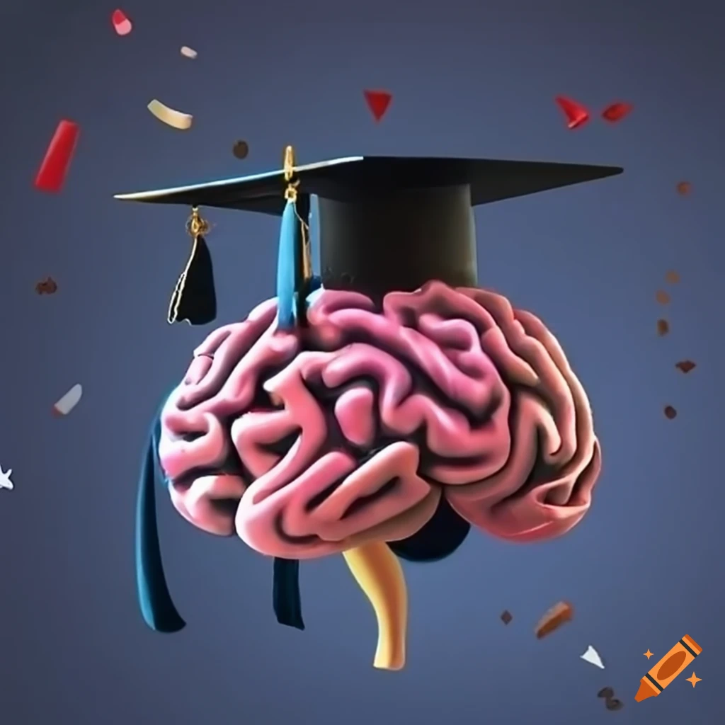 Brain wearing graduation cap with confetti on Craiyon