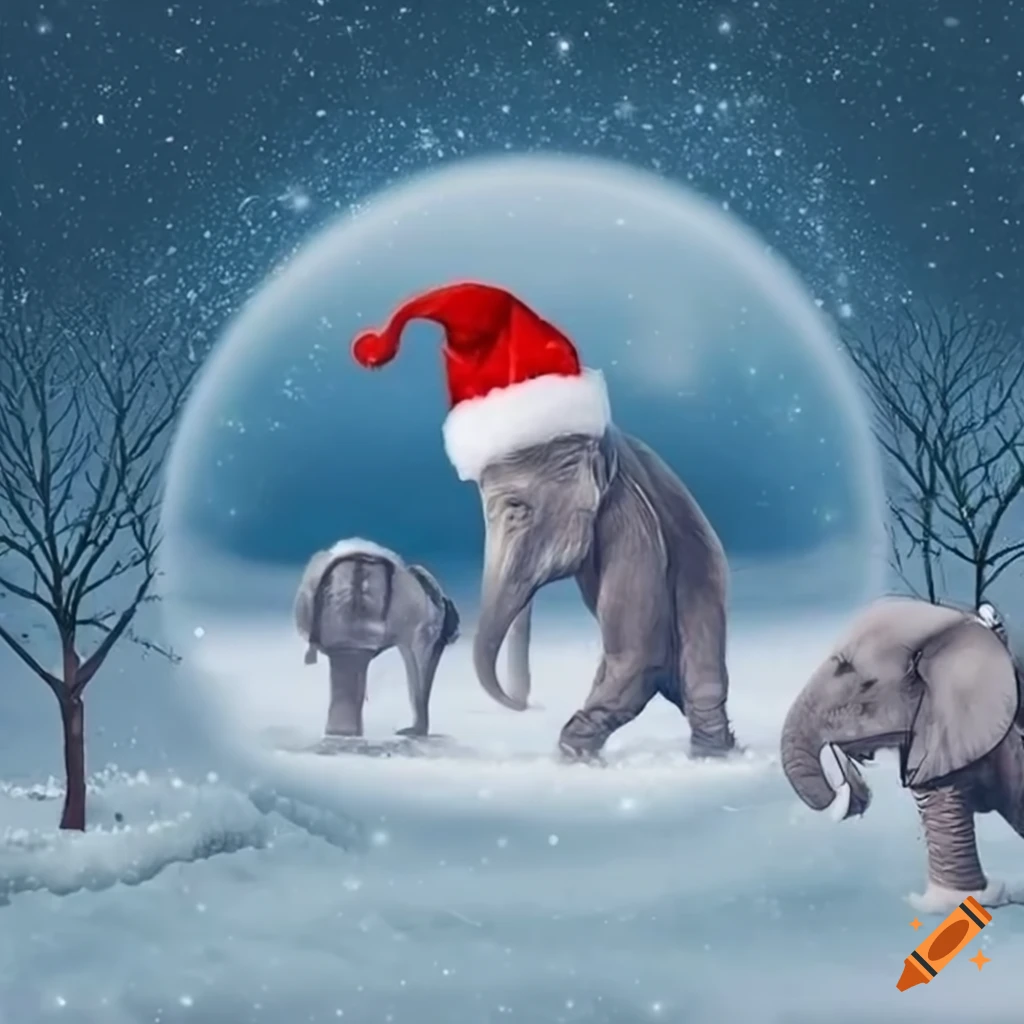 Surrealistic winter wonderland with an elephant wearing a Santa hat on ...