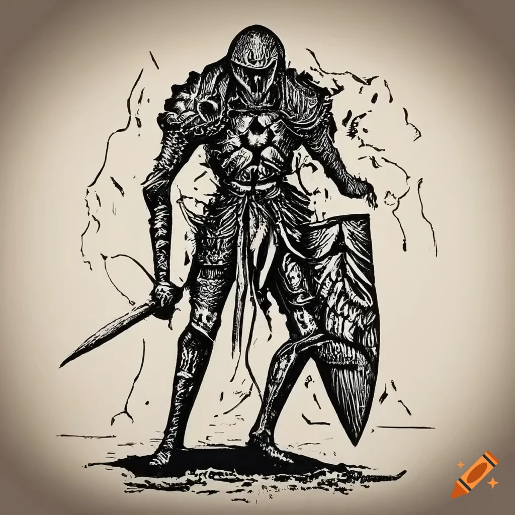 Medieval knight monster in a detailed black and white linocut on Craiyon