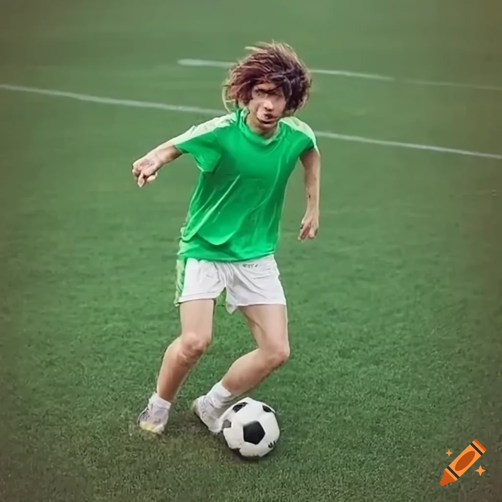 Guy playing soccer in green jersey and white shorts on grass field on ...