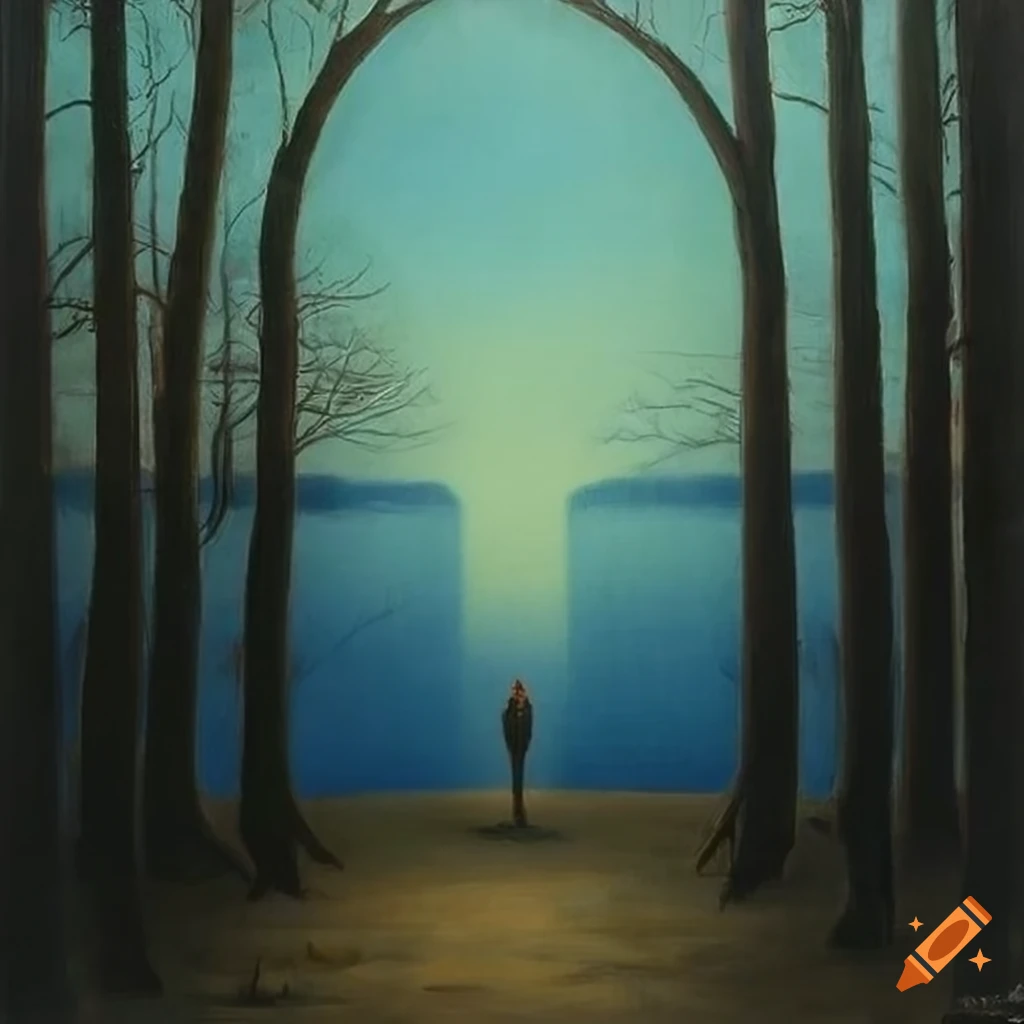 Rene magritte painting of a mystical chase scene in a forest on Craiyon