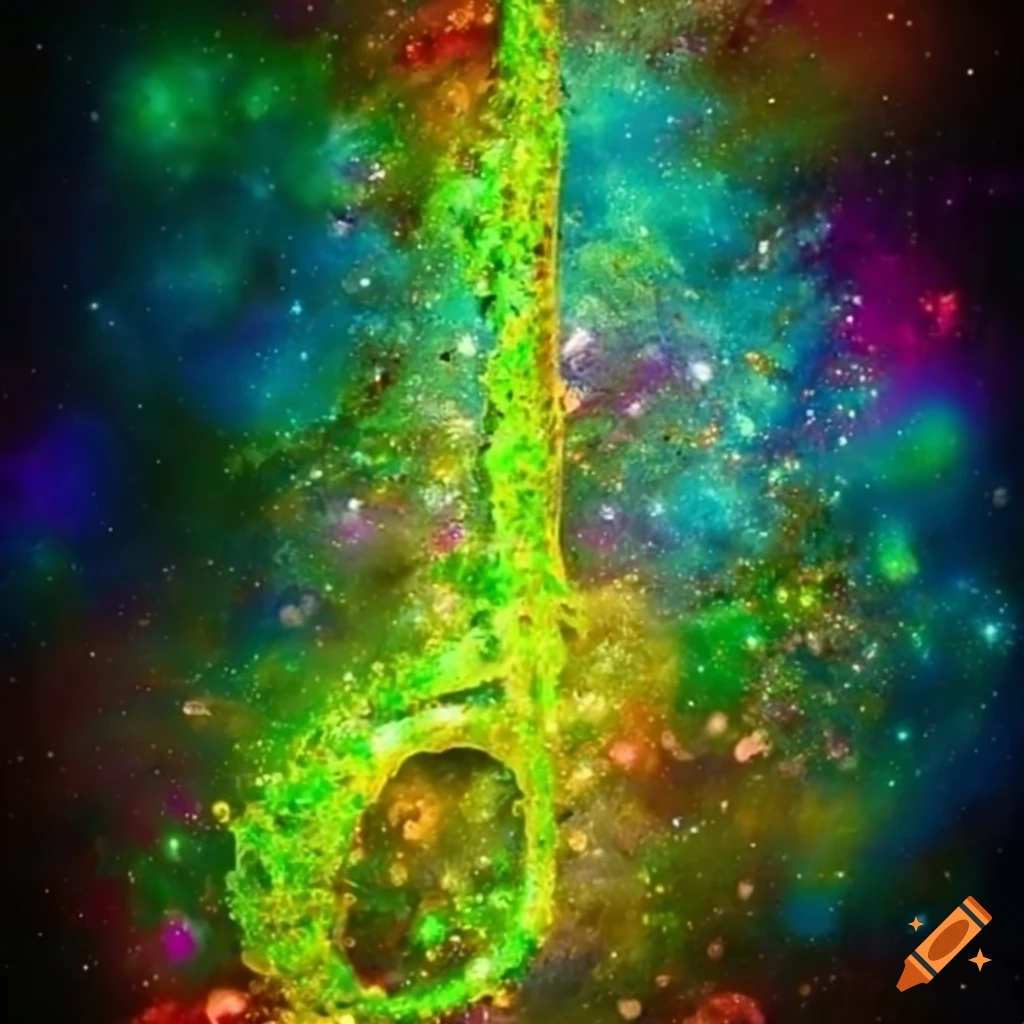 Vibrant moss music note with a galaxy background on Craiyon