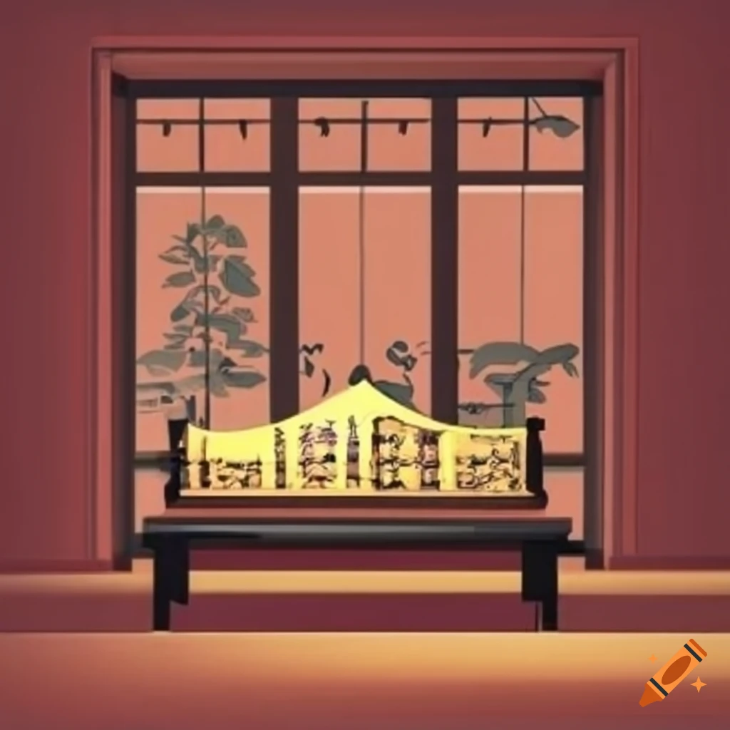 Room with national chinese style, wooden bench and symbolic paintings ...