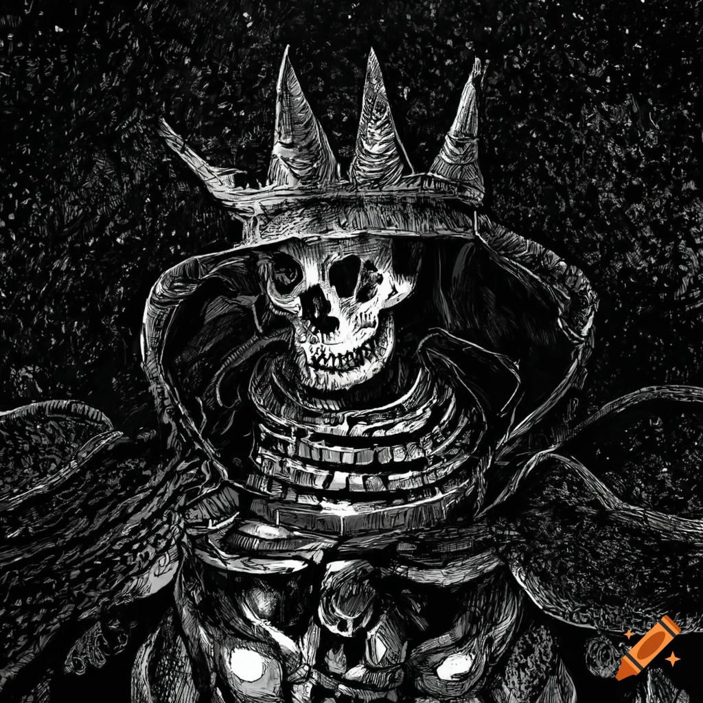 Ink illustration of skeleton knight with a crown in darkness on Craiyon