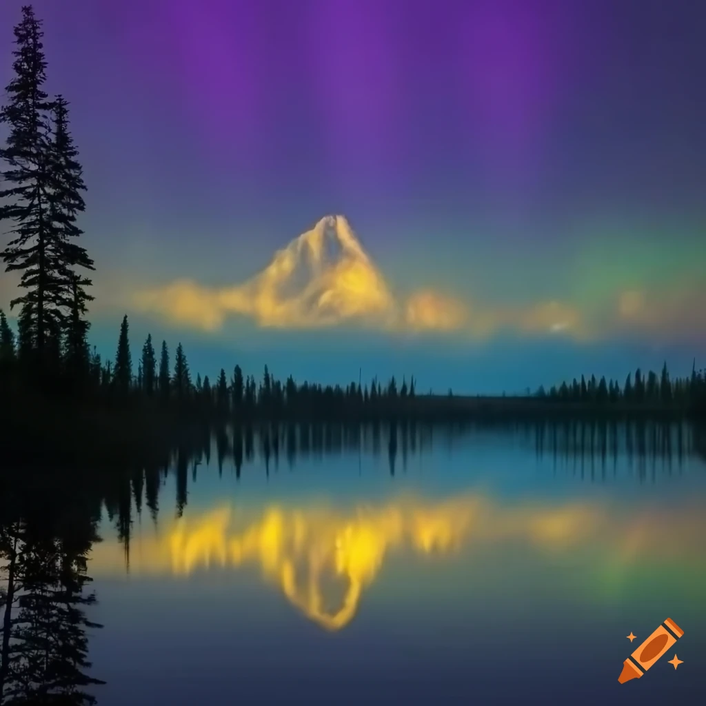 Lake and trees in the wilderness at night with northern lights on Craiyon