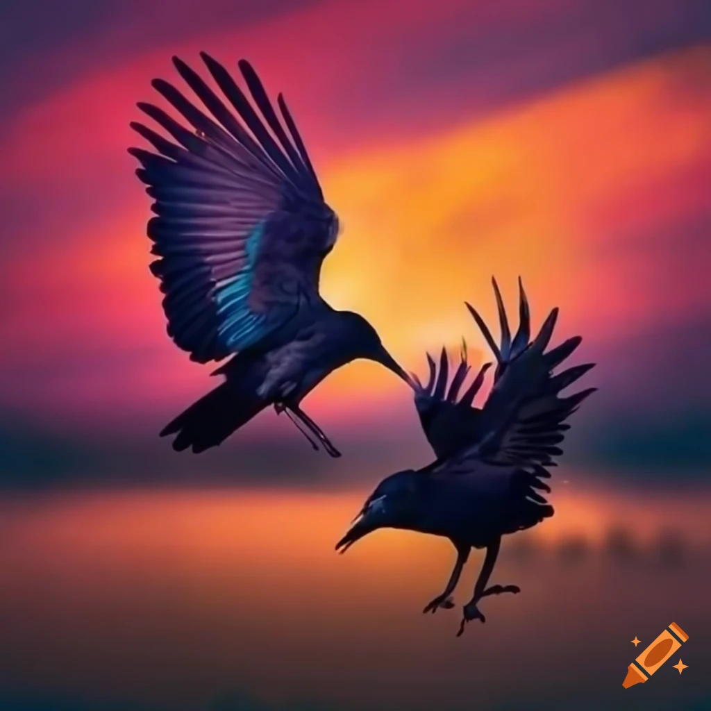 Majestic crows battling in a vibrant orange and pink sky above a ...