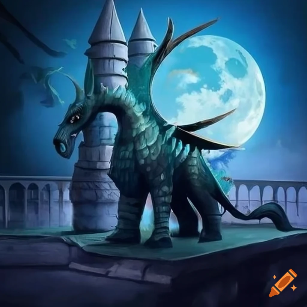 Fantasy epic of mythical creatures in a moonlit castle courtyard on Craiyon