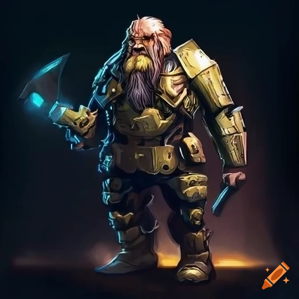 Sci-fi dwarf in mechanical armor with glowing axe on Craiyon