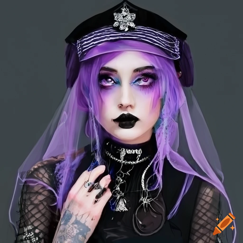 Goth girl with lavender hair wearing a veil and police hat on Craiyon