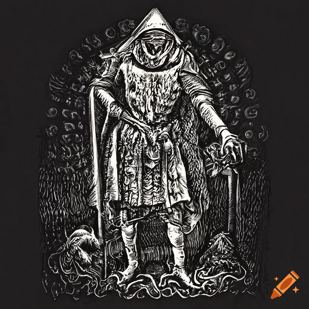 Detailed woodcut of a lovecraftian medieval knight monster in the style ...