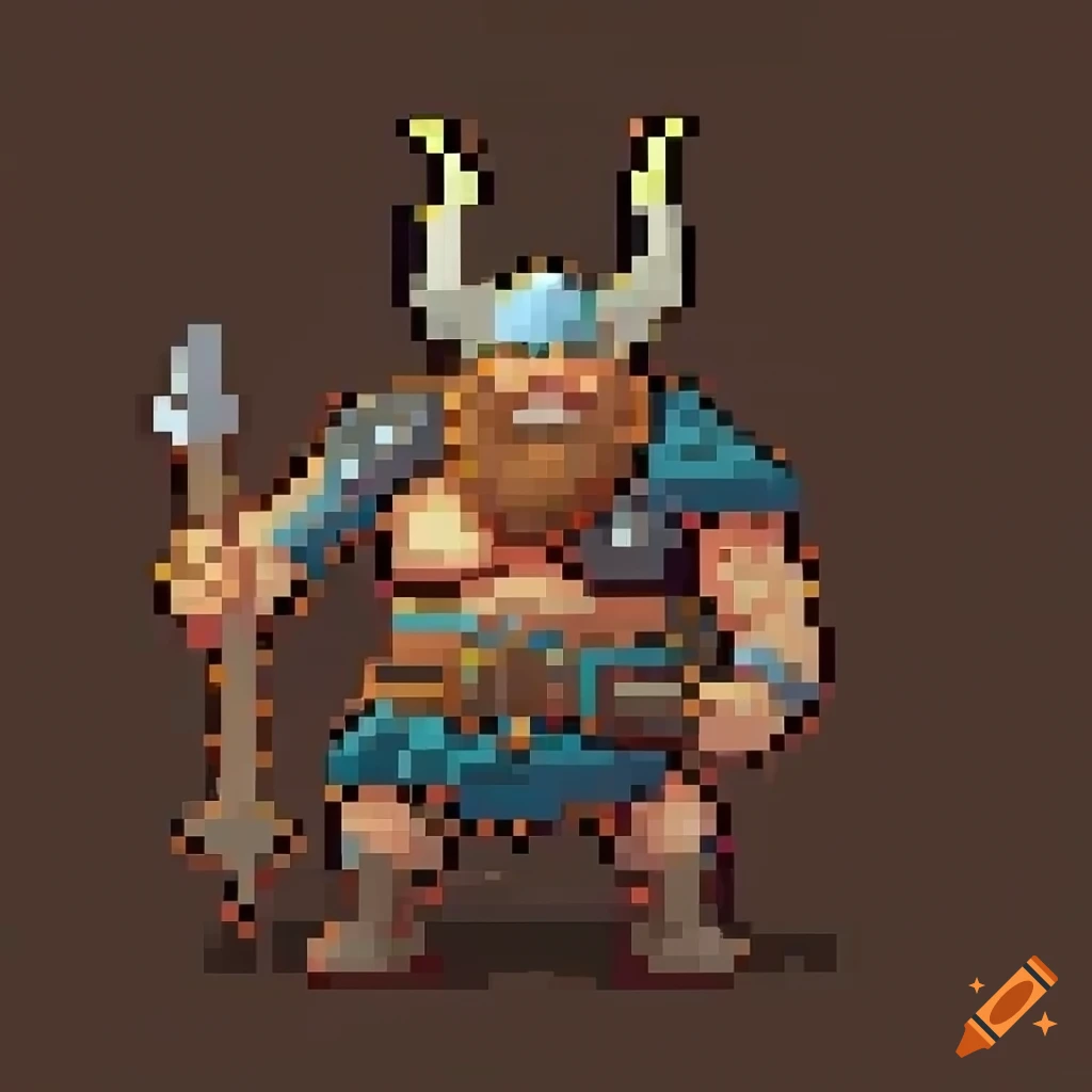 Pixel art of a viking warrior in a vintage game style on Craiyon