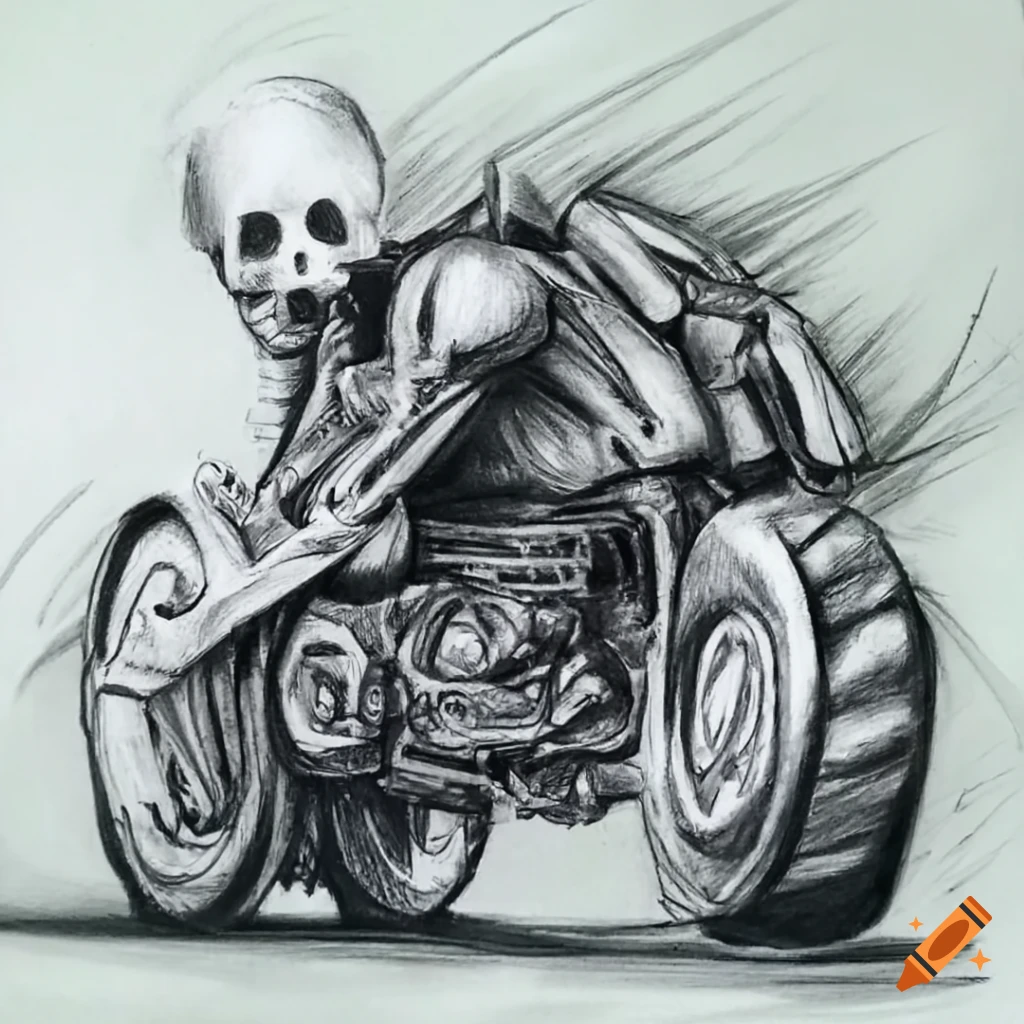 Skeleton riding a motorcycle in a black and white sketch drawing on Craiyon