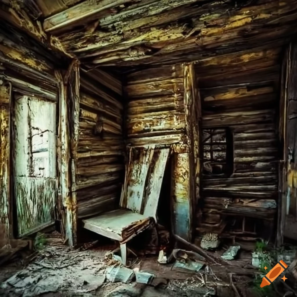 Interior of a derelict and eerie old wooden cabin on Craiyon