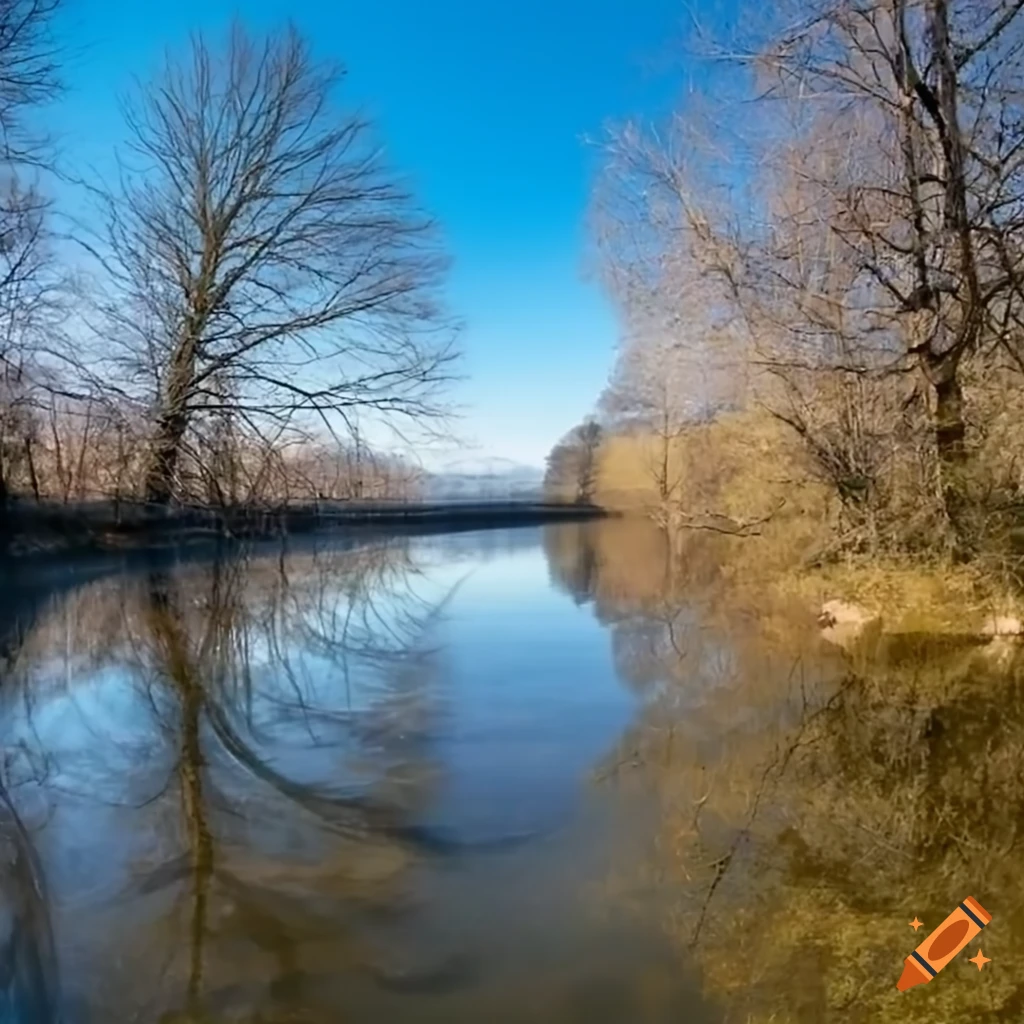 View of river bank on a clear sunny day from the water on Craiyon
